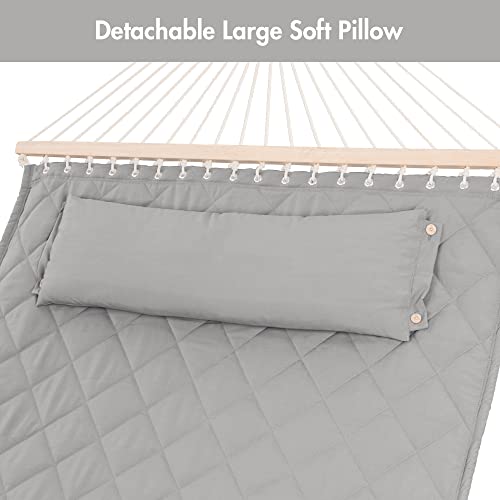 ANOW Heavy Duty Hammock with Spreader Bars and Detachable Pillow, 2 Person Hammock for Outdoors Indoors, 450 LBS Weight Capacity, Light Gray