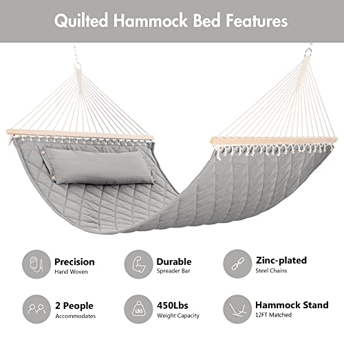 ANOW Heavy Duty Hammock with Spreader Bars and Detachable Pillow, 2 Person Hammock for Outdoors Indoors, 450 LBS Weight Capacity, Light Gray