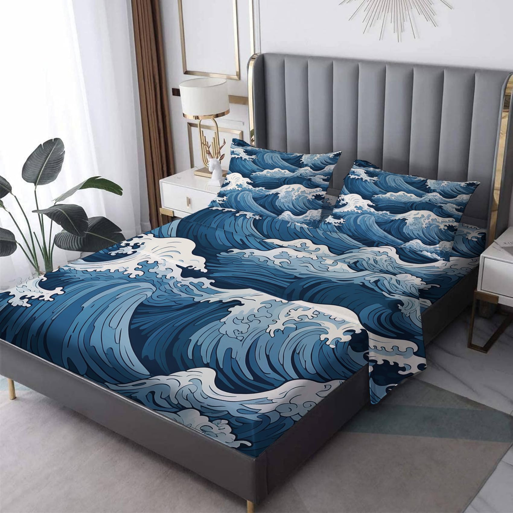 Sea Sheets Full Size, Wave Ocean Bed Sheets, Patterned Bedding Sheets & Pillowcases 4 Piece Set - Soft Microfiber Deep Pocket Fitted Sheet & Flat Sheet & 2 Pillow Cases L3-&-356