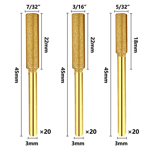60 Pcs Titanium Plated Grinding Tool Diamond Chainsaw Sharpener Stones Bits High Hardness Chainsaw Sharpening Wheel For Machinery, Bearings, Metal Polishing, Chainsaws (5/32, 3/16, 7/32 Inches)