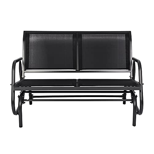 Koreyosh Outdoor Glider Bench 2-Person Rocking Loveseat Chair Patio Swing Rocker w/Powder Coated Frame and Textilene Mesh Seating for Porch Yard Graden, Black