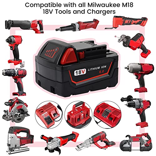【3RD-Generation!】 TenHutt 2 Pack 6.0Ah M18 18V Replacement Battery for Milwaukee M18 Battery 48-11-1820 48-11-1850 48-11-1860 48-11-1828 48-11-10 for Milwaukee Cordless Power Tools Lithium Battery