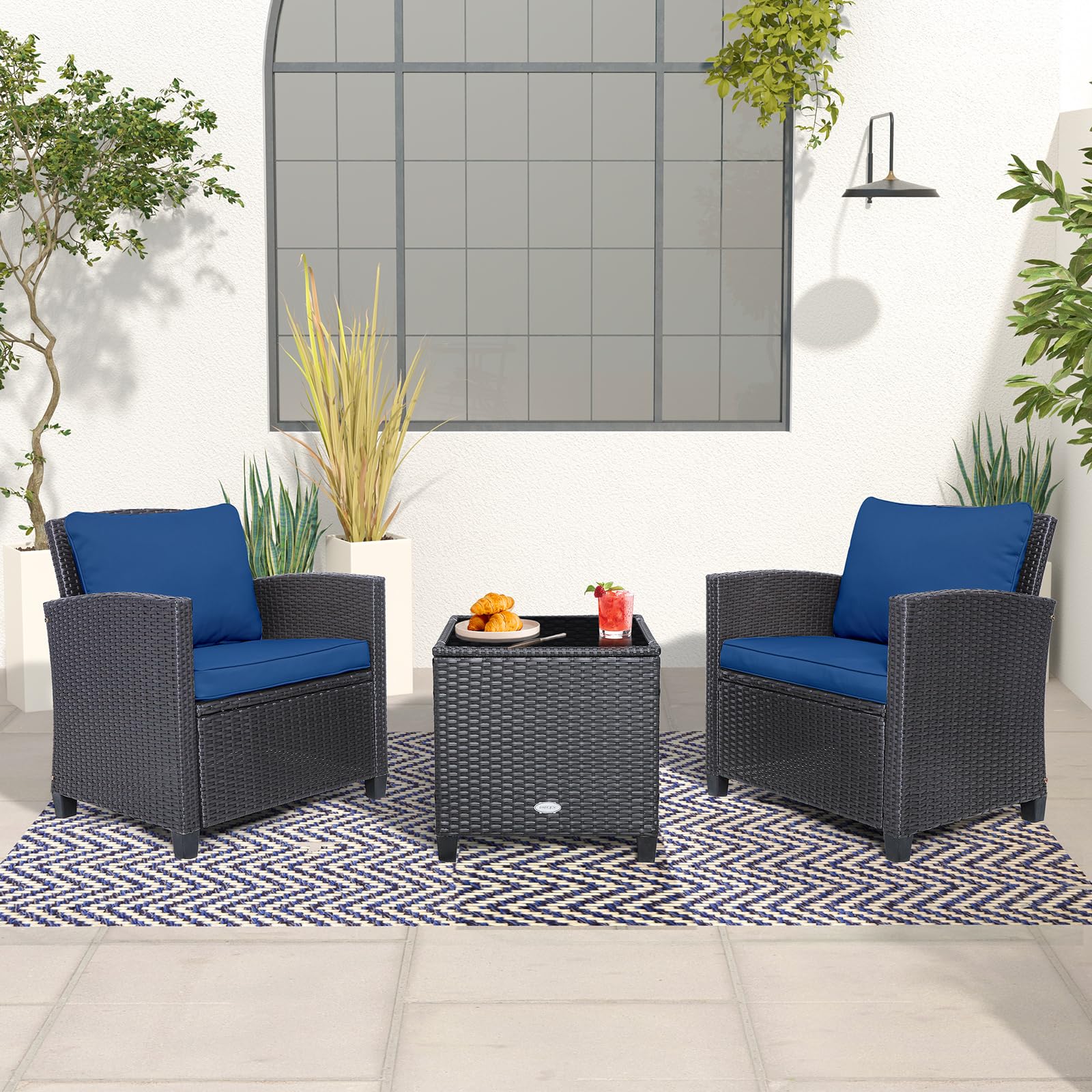 Tangkula 3 Pieces Patio Furniture Set, PE Rattan Wicker 3 Pcs Outdoor Sofa Set w/Washable Cushion and Tempered Glass Tabletop, Conversation Furniture for Garden Poolside Balcony (Beige/Navy)