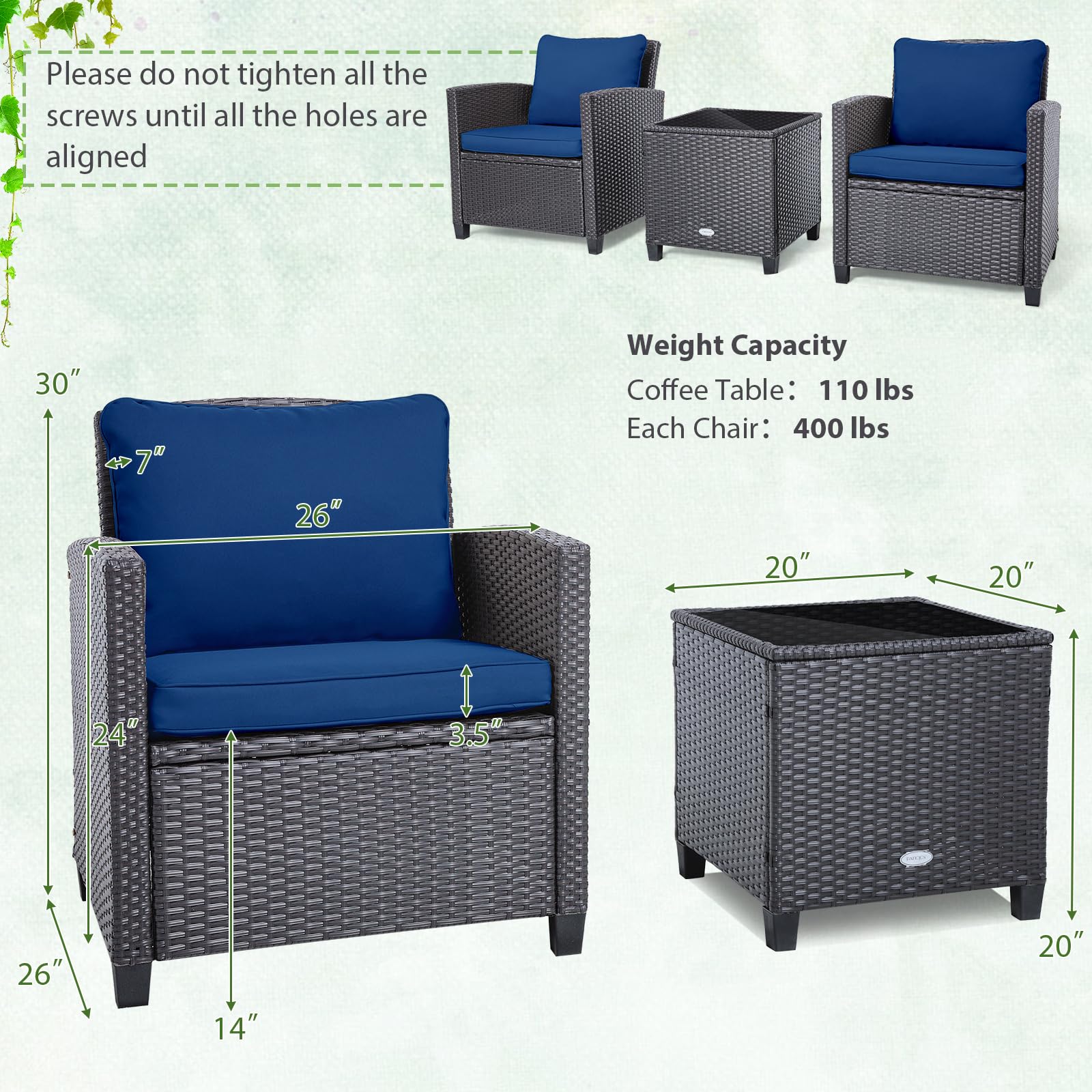 Tangkula 3 Pieces Patio Furniture Set, PE Rattan Wicker 3 Pcs Outdoor Sofa Set w/Washable Cushion and Tempered Glass Tabletop, Conversation Furniture for Garden Poolside Balcony (Beige/Navy)
