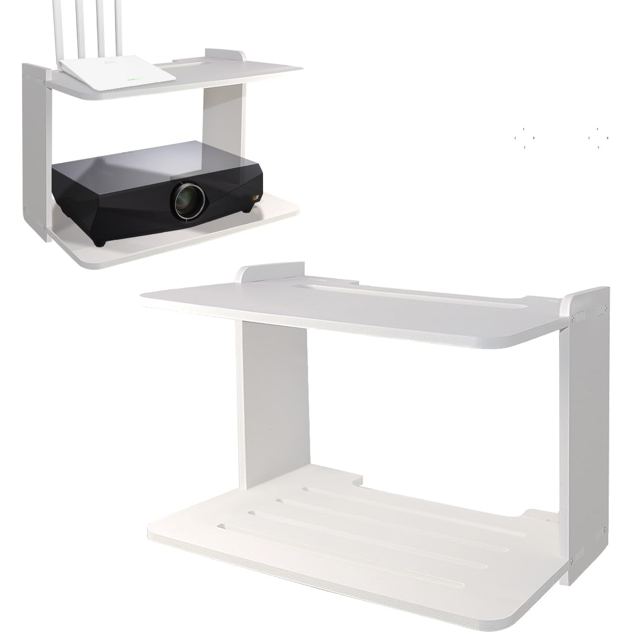 Projector Mount Shelf, Projector Wall Mount Shelf 2 Layers Wall Mount Floating Shelves Wall Hanging Shelf for Router Projector Camera TV Accessories 2 Installation Methods Ventilation Design
