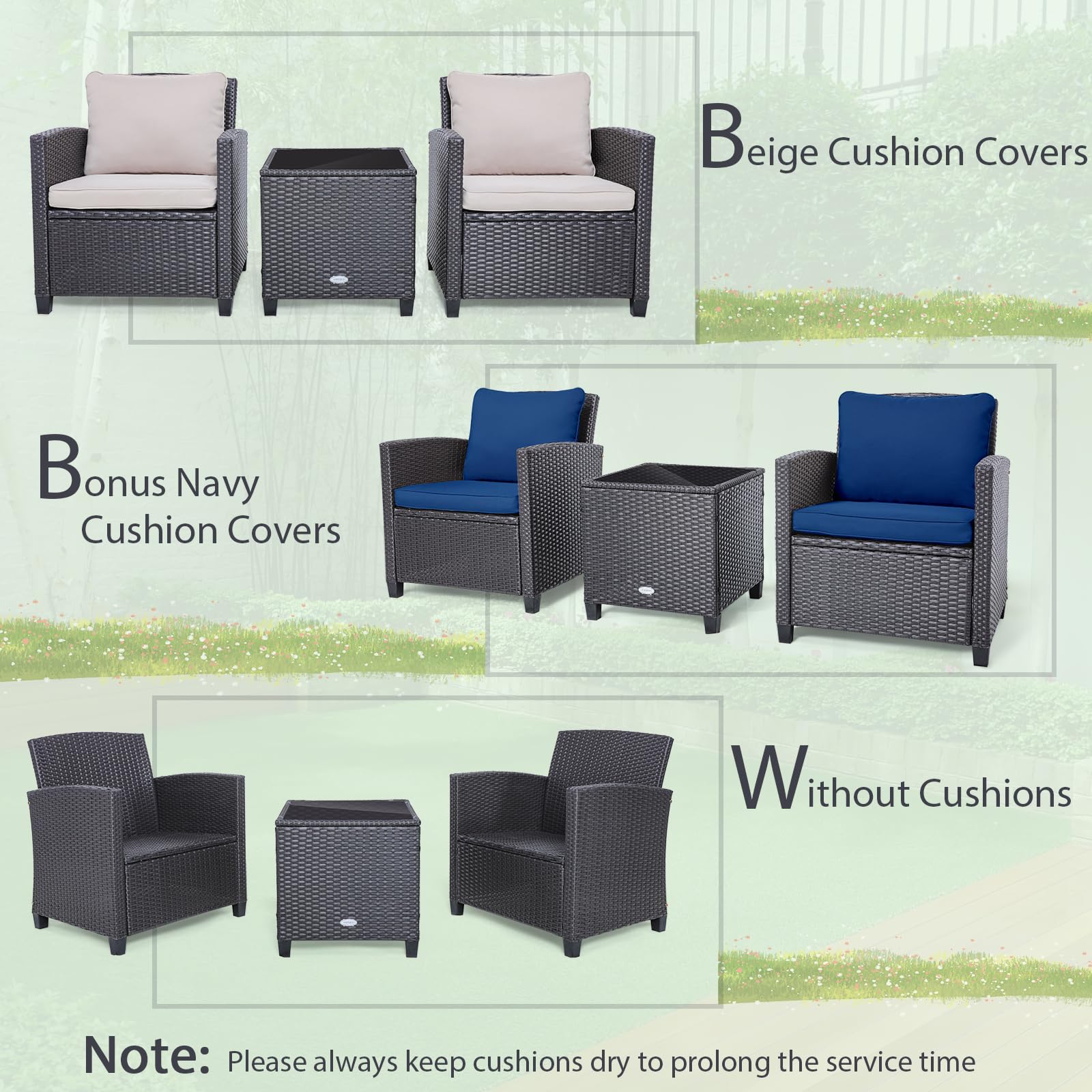 Tangkula 3 Pieces Patio Furniture Set, PE Rattan Wicker 3 Pcs Outdoor Sofa Set w/Washable Cushion and Tempered Glass Tabletop, Conversation Furniture for Garden Poolside Balcony (Beige/Navy)
