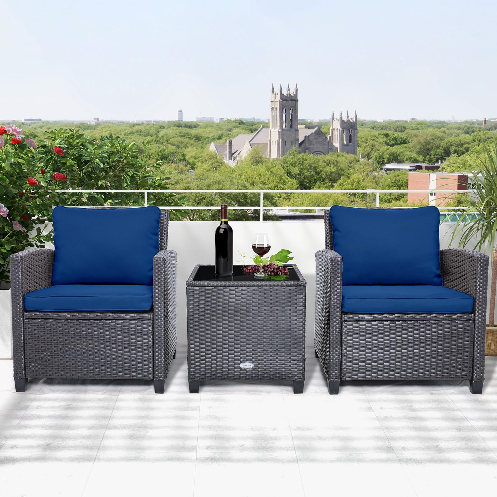 Tangkula 3 Pieces Patio Furniture Set, PE Rattan Wicker 3 Pcs Outdoor Sofa Set w/Washable Cushion and Tempered Glass Tabletop, Conversation Furniture for Garden Poolside Balcony (Beige/Navy)