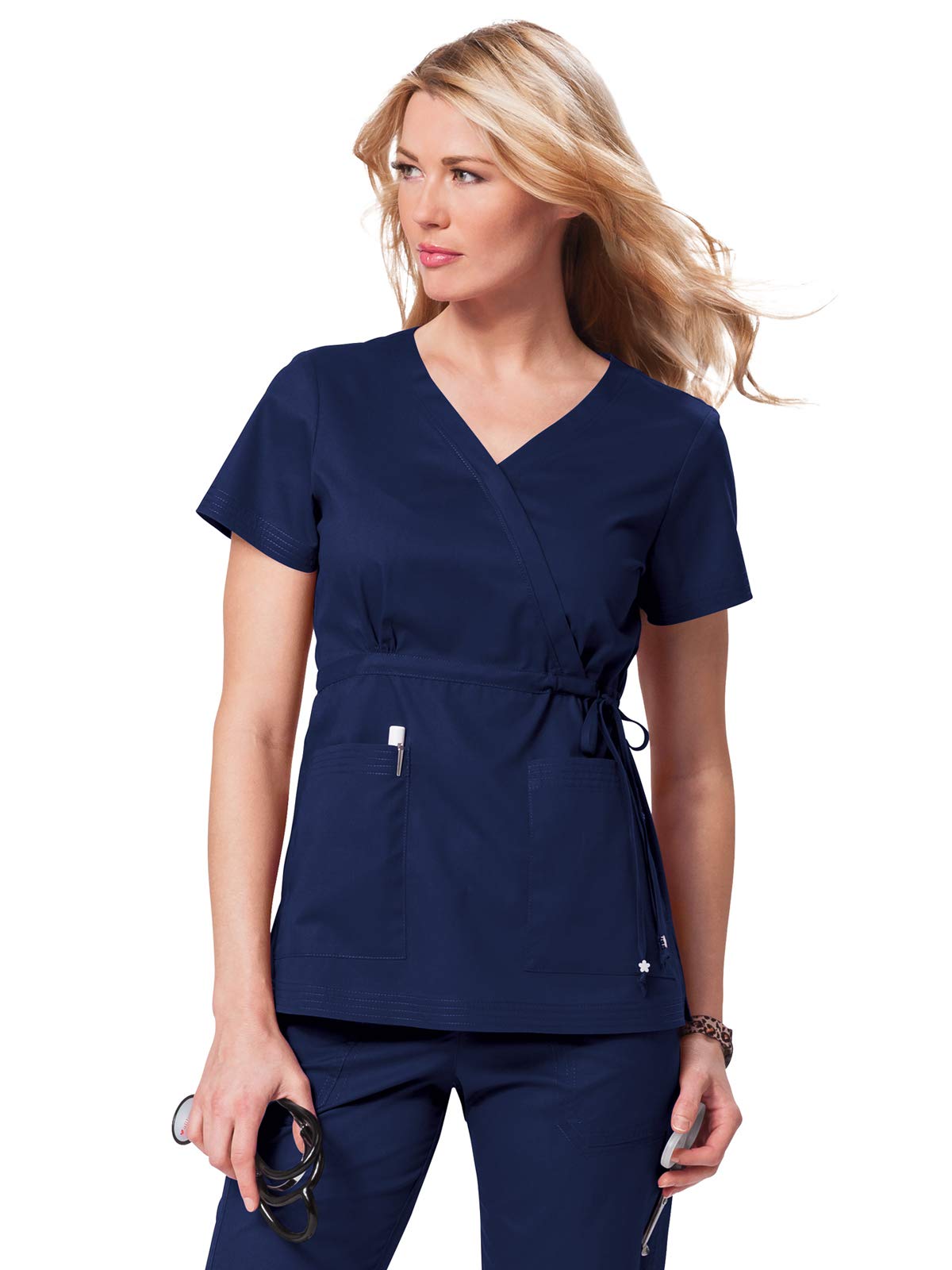 KOI Women's Katelyn Easy-fit Mock-wrap Scrub Top with Adjustable Side Tie, Navy, X-Large