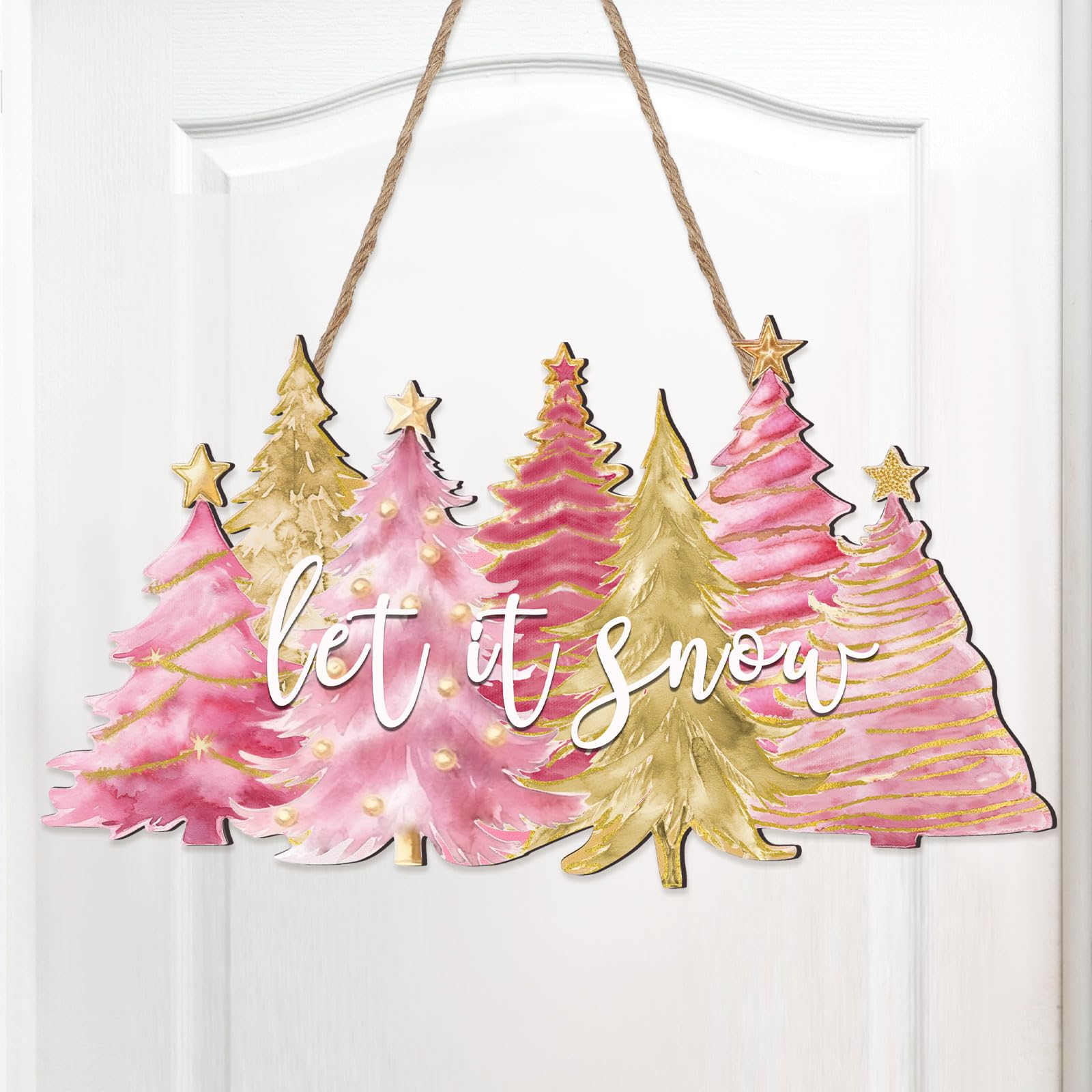 Soaoo Christmas Door Sign Pink Christmas Tree Wood Decor Let It Snow Christmas Wooden Hanging Sign Pink Tree Christmas Decorations Rustic Farmhouse Front Door Yard for Porch Xmas Outdoor Home Decor