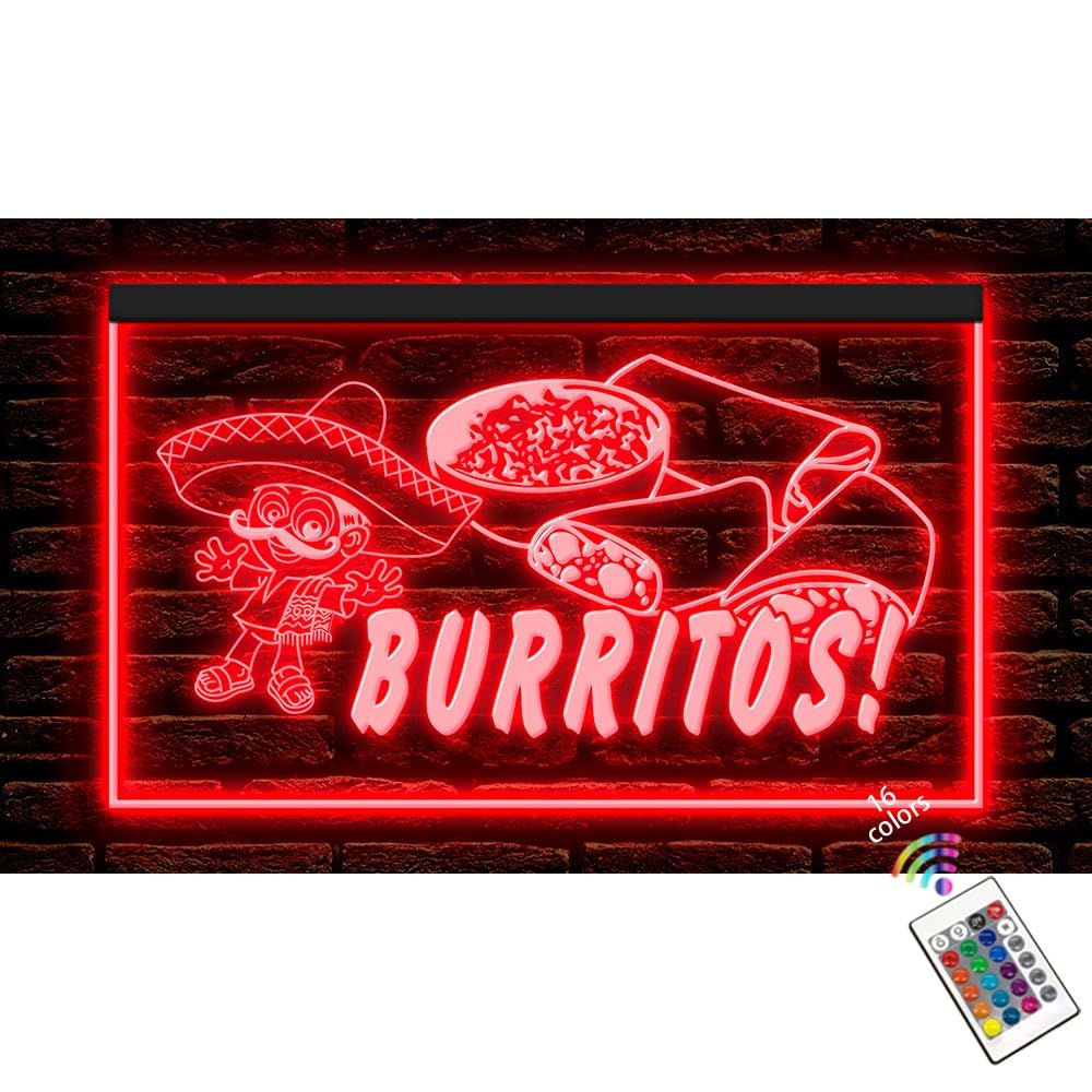110186 Mexican Burritos Food Restaurant Tacos Cafe Open Display LED Light Neon Sign (12" X 8", 16 Colors By Remote)