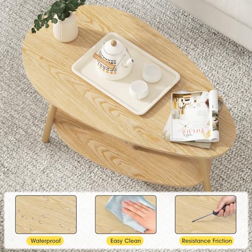 Maupvit Coffee Table-Oval Wood Table with Open Shelving for Storage and Display 2 Tier Sofa Table, Small Modern Furniture Living Room&Home Office-Nature Wood