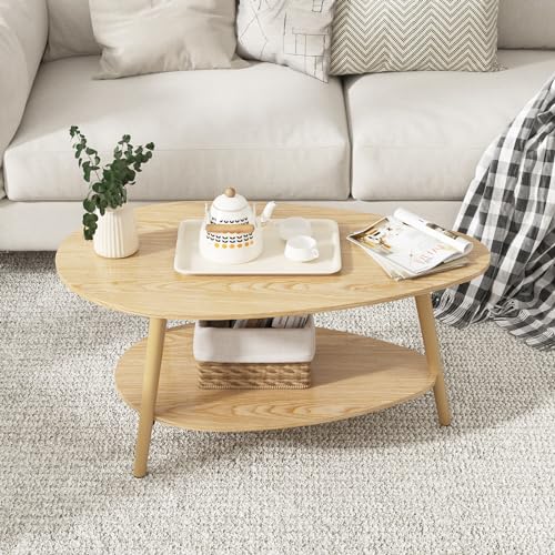 Maupvit Coffee Table-Oval Wood Table with Open Shelving for Storage and Display 2 Tier Sofa Table, Small Modern Furniture Living Room&Home Office-Nature Wood