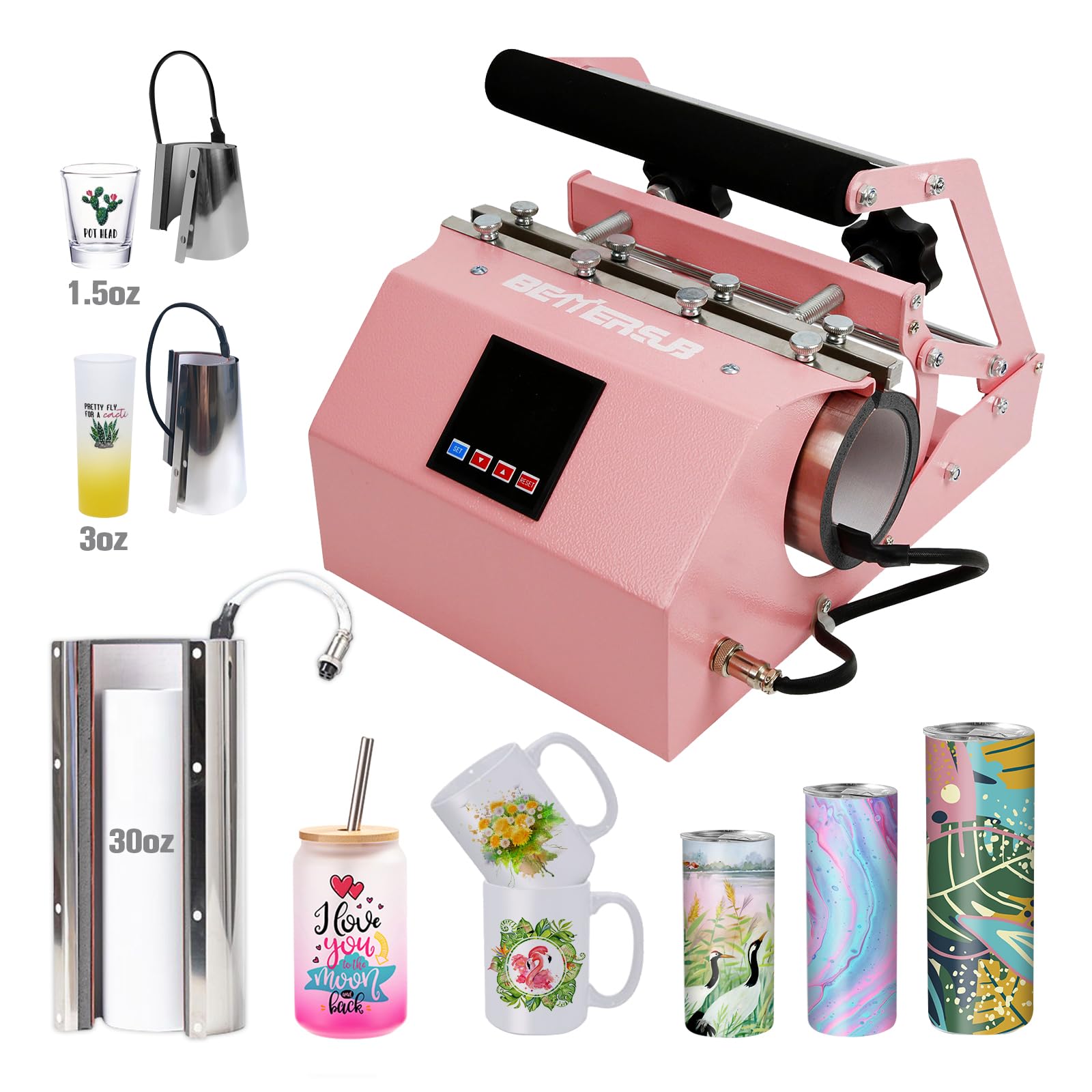 BetterSub 3in1 Tumbler Mug Heat Press Machine 30 OZ 20 OZ 16 OZ Sublimation Straight Skinny Tumbler Mug 3 OZ 1.5 OZ Shot Glass,11 OZ 15 OZ 16 OZ Sublimation Mug Heat Transfer Pink