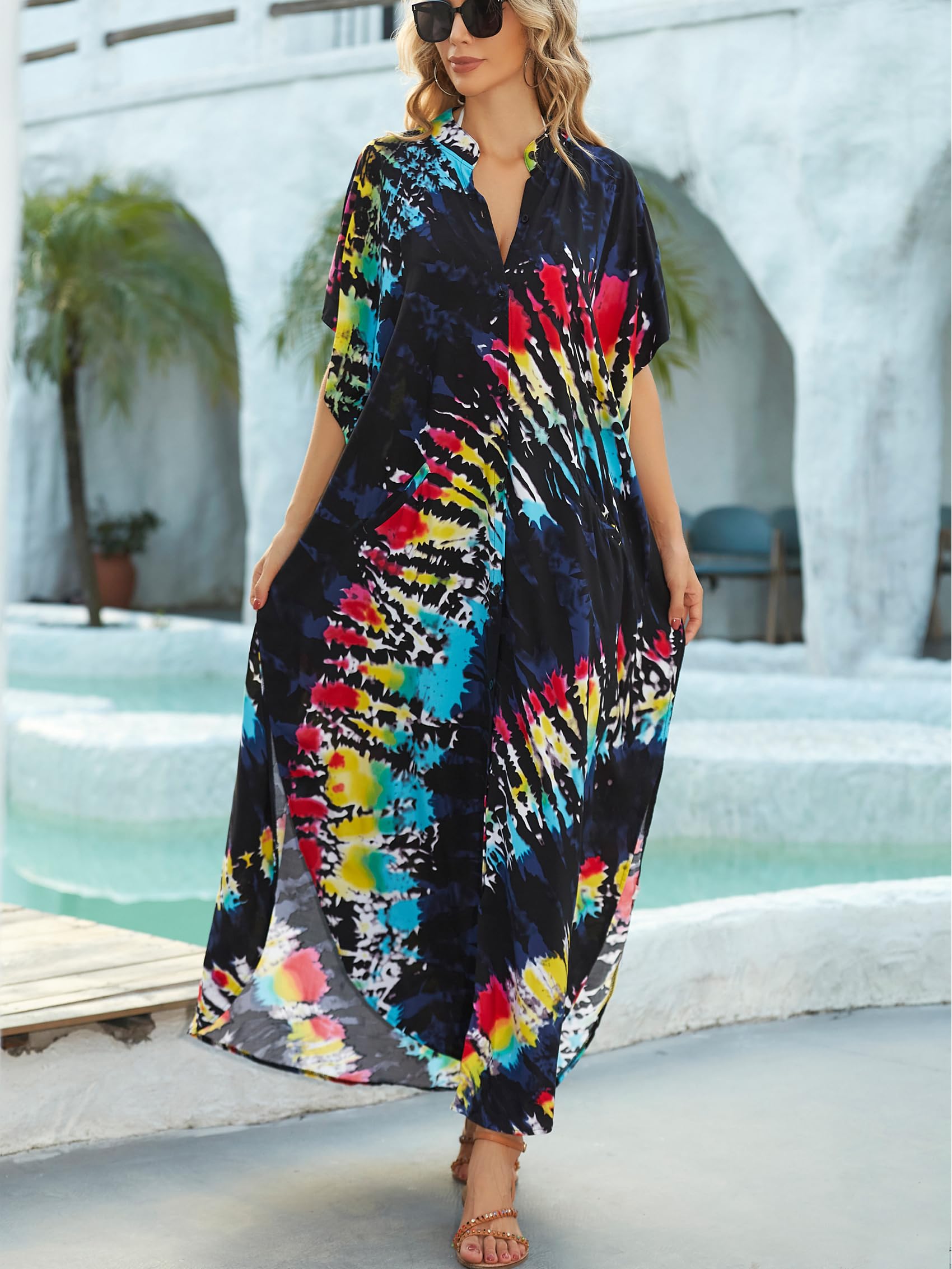 SMUDGE Life Kaftan Dresses for Women Loose Fit Button Up Caftans with Pockets for Stylish Cover Up