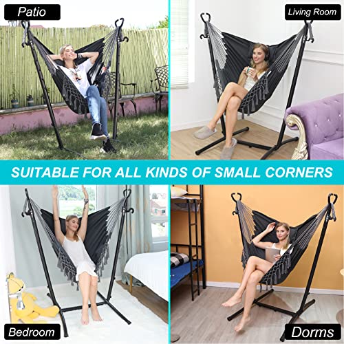 Hammock Chair with Stand Phone Holder Included Double Hanging Chair Macrame Boho Handmade Adjustable Swing Indoor Outdoor Patio Yard Garden Porch 400lbs Capacity1 2022