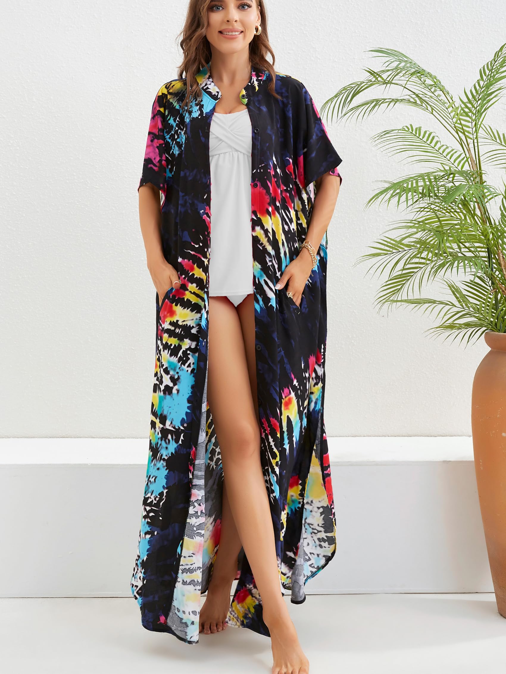 SMUDGE Life Kaftan Dresses for Women Loose Fit Button Up Caftans with Pockets for Stylish Cover Up