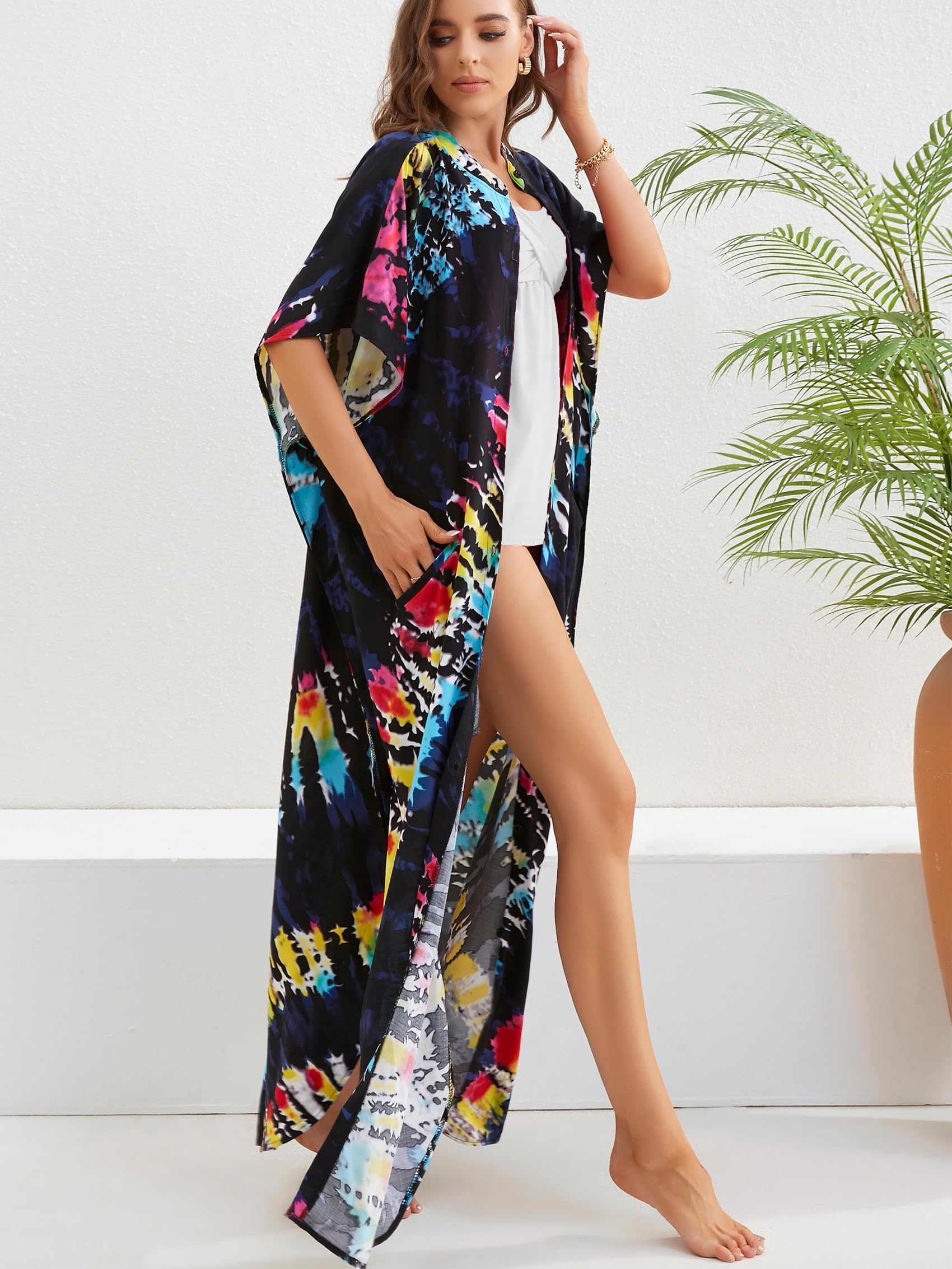 SMUDGE Life Kaftan Dresses for Women Loose Fit Button Up Caftans with Pockets for Stylish Cover Up