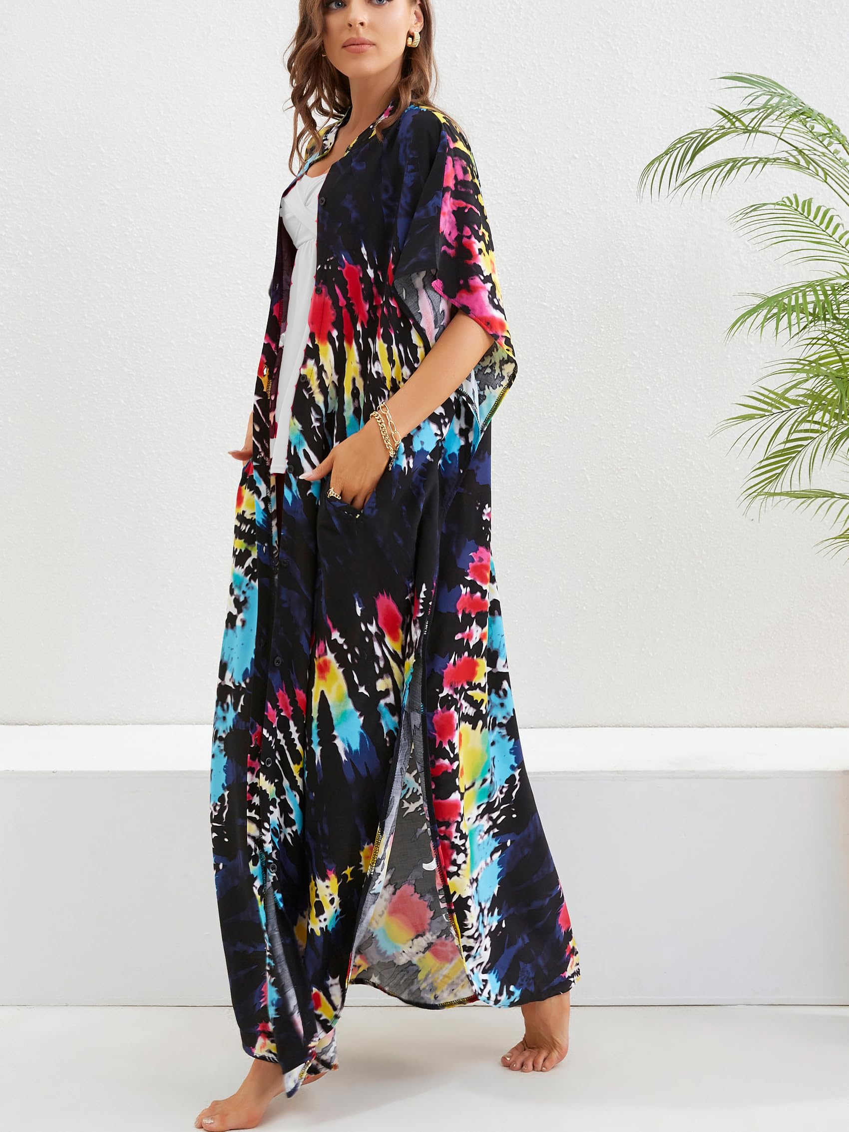 SMUDGE Life Kaftan Dresses for Women Loose Fit Button Up Caftans with Pockets for Stylish Cover Up