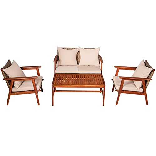 LIRUXUN 8PCS Patio Rattan Furniture Set Acacia Wood Frame Cushioned Sofa Chair Garden Coffee Table