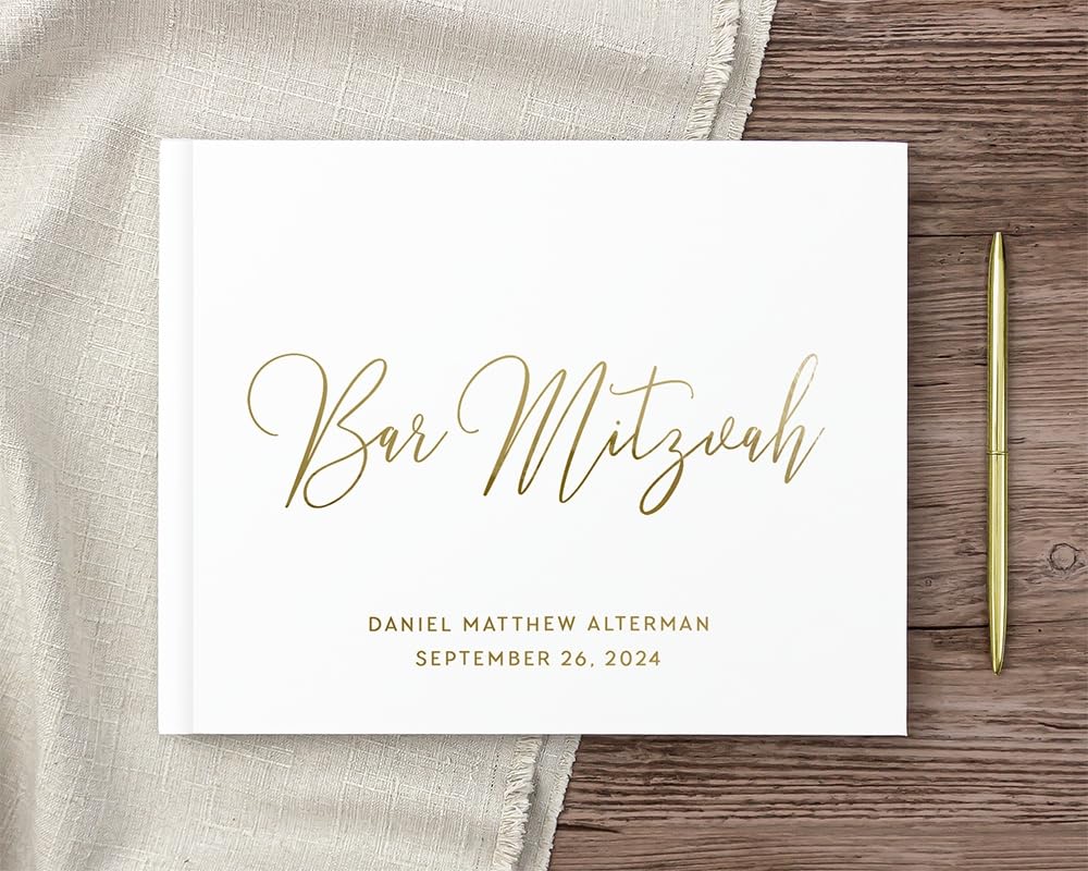 Bar Mitzvah Guest Book Jewish Bar Mitzvah Ceremony Celebration Idea, Photo Booth Album Book, Personalized Gift with Foil - White Gold (9x6)