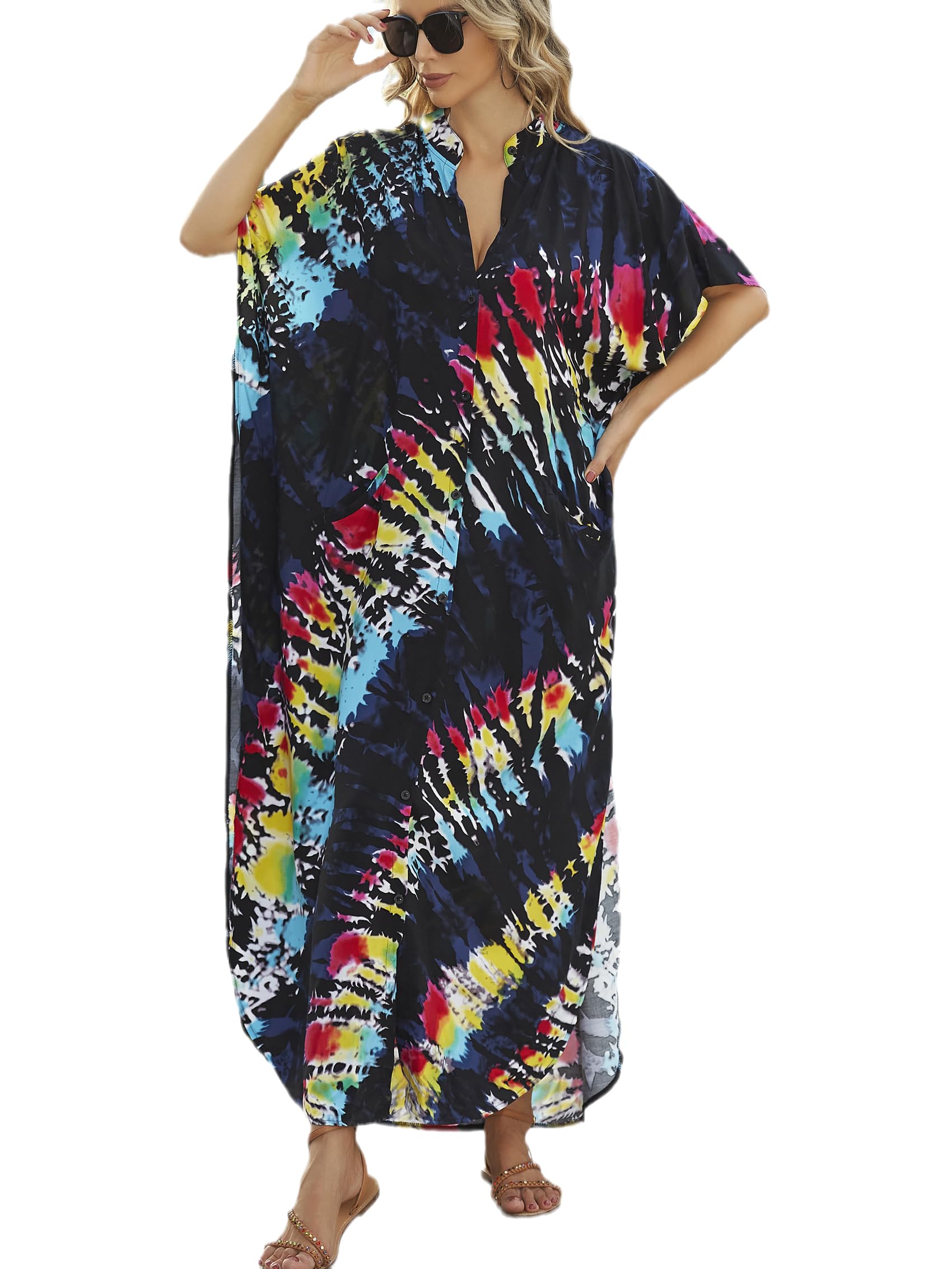 SMUDGE Life Kaftan Dresses for Women Loose Fit Button Up Caftans with Pockets for Stylish Cover Up