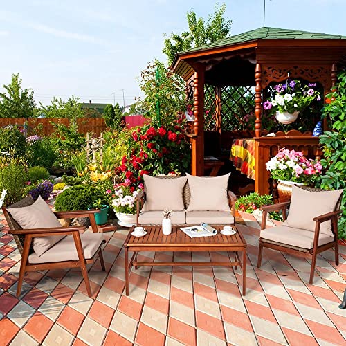 LIRUXUN 8PCS Patio Rattan Furniture Set Acacia Wood Frame Cushioned Sofa Chair Garden Coffee Table