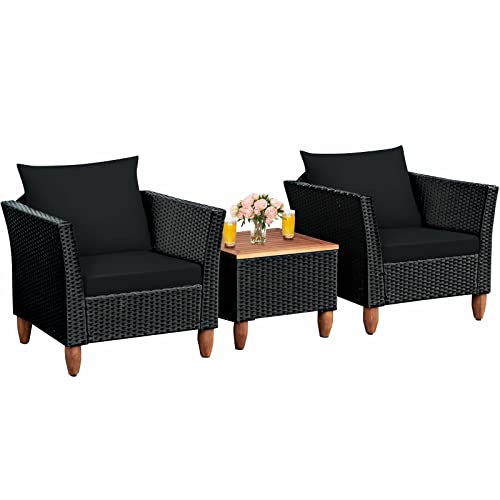 LIRUXUN 3PCS Outdoor Patio Rattan Furniture Set Wooden Table Top Cushioned Sofa Black Coffee Table (Color : D)