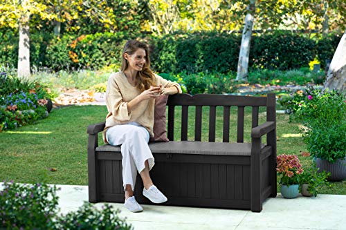 Keter Solana 70 Gallon Storage Bench Deck Box for Patio Furniture, Front Porch Decor and Outdoor Seating – Perfect to Store Garden Tools and Pool Toys, Grey