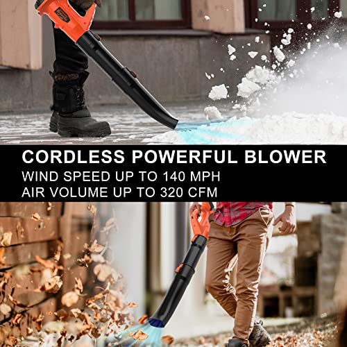 Cordless Leaf Blower, 350 CFM 150 MPH Battery Powered Leaf Blower with 4.0Ah Battery and Charger, 6 Speed Dial, 2 Adjustable Tubes, 21V Battery Leaf Blower for Lawn Care, Yard, Snow Debris and Dust