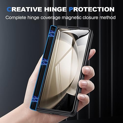 spoovcto for Samsung Galaxy Z-Fold-5 Case: Genuine Leather Phone Case with Full Hinge Protection & Kickstand & Screen Protector for Samsung Z Fold 5 5G 2023 (Red)