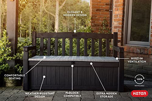 Keter Solana 70 Gallon Storage Bench Deck Box for Patio Furniture, Front Porch Decor and Outdoor Seating – Perfect to Store Garden Tools and Pool Toys, Grey