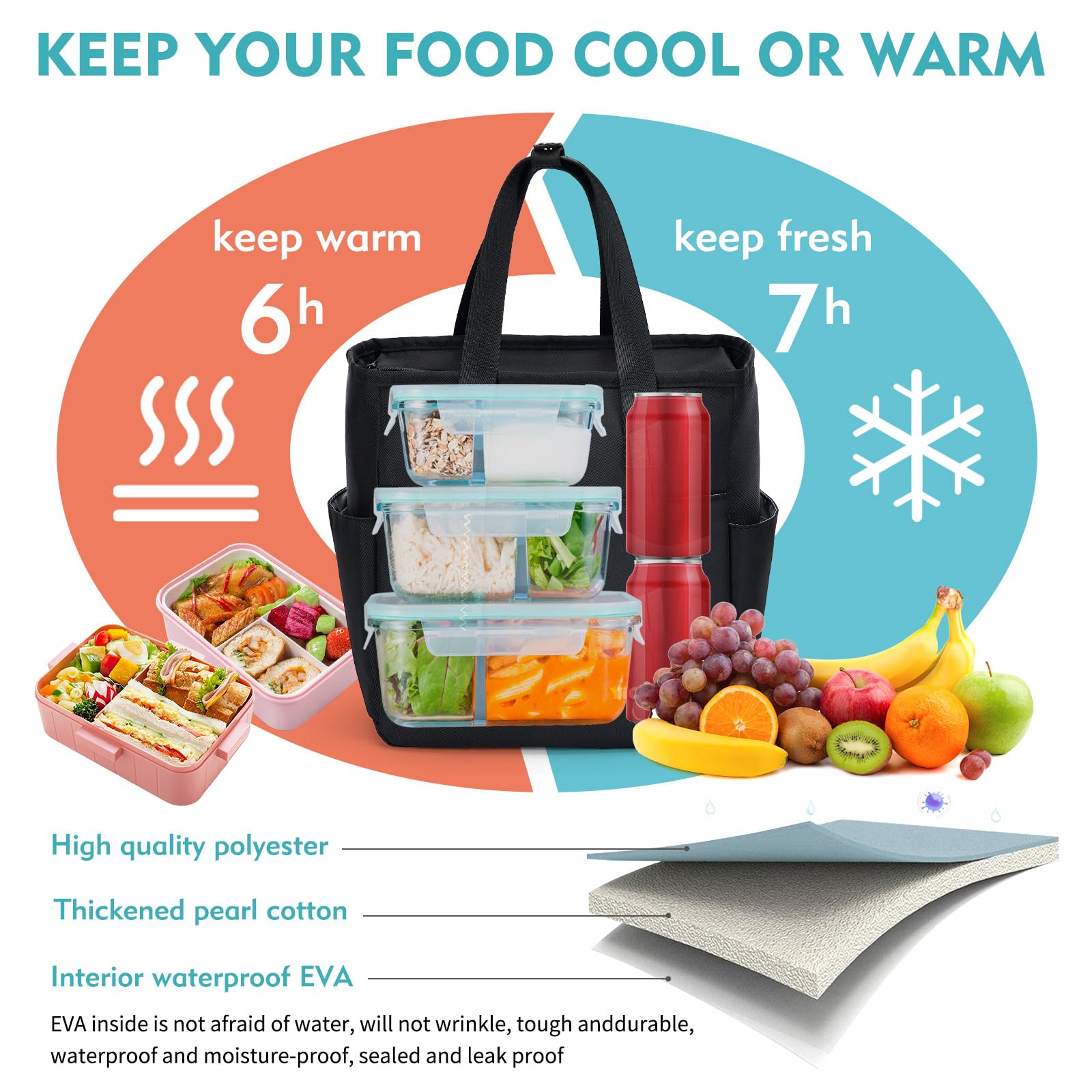 Lunch Box for Women/Men - Large/Small Insulated Leak Proof Lunch Bag for work Reusable Lunch Tote Bag for Kids Girls L Black