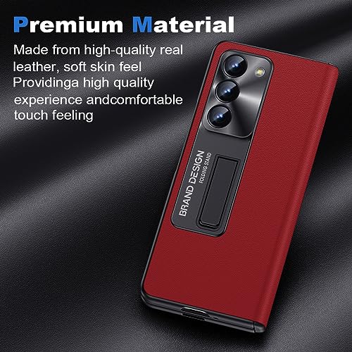 spoovcto for Samsung Galaxy Z-Fold-5 Case: Genuine Leather Phone Case with Full Hinge Protection & Kickstand & Screen Protector for Samsung Z Fold 5 5G 2023 (Red)