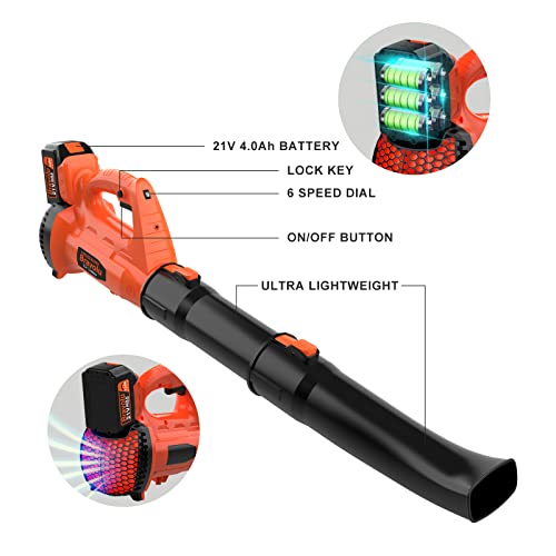 Cordless Leaf Blower, 350 CFM 150 MPH Battery Powered Leaf Blower with 4.0Ah Battery and Charger, 6 Speed Dial, 2 Adjustable Tubes, 21V Battery Leaf Blower for Lawn Care, Yard, Snow Debris and Dust