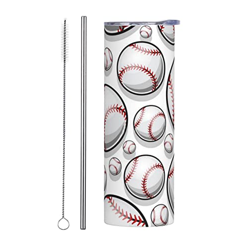 Stainless Steel Skinny Tumbler Baseball Pattern Travel Cup 20 Oz Double Wall Slim Insulated Coffee Mug With Splash Proof Lid & Straw & Cleaning Brush For Home Office