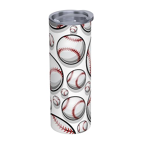 Stainless Steel Skinny Tumbler Baseball Pattern Travel Cup 20 Oz Double Wall Slim Insulated Coffee Mug With Splash Proof Lid & Straw & Cleaning Brush For Home Office