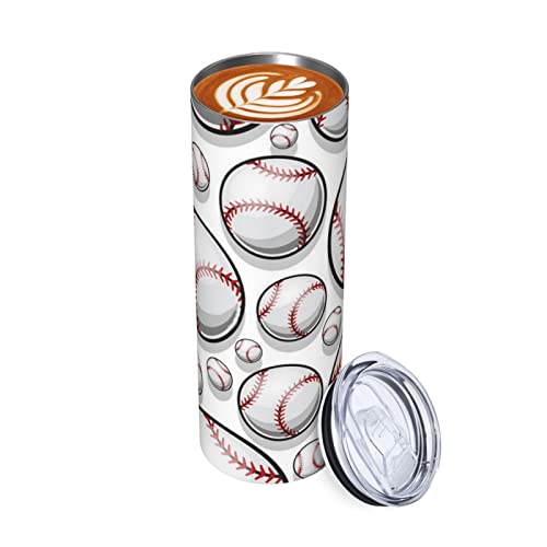 Stainless Steel Skinny Tumbler Baseball Pattern Travel Cup 20 Oz Double Wall Slim Insulated Coffee Mug With Splash Proof Lid & Straw & Cleaning Brush For Home Office