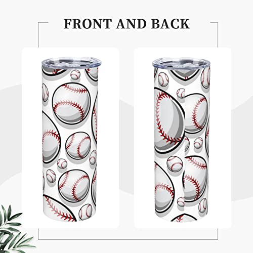 Stainless Steel Skinny Tumbler Baseball Pattern Travel Cup 20 Oz Double Wall Slim Insulated Coffee Mug With Splash Proof Lid & Straw & Cleaning Brush For Home Office