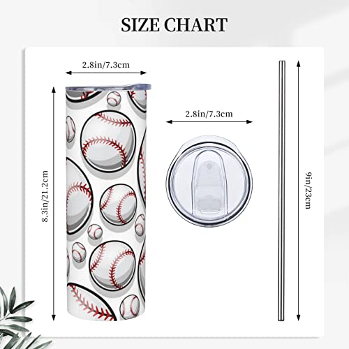 Stainless Steel Skinny Tumbler Baseball Pattern Travel Cup 20 Oz Double Wall Slim Insulated Coffee Mug With Splash Proof Lid & Straw & Cleaning Brush For Home Office