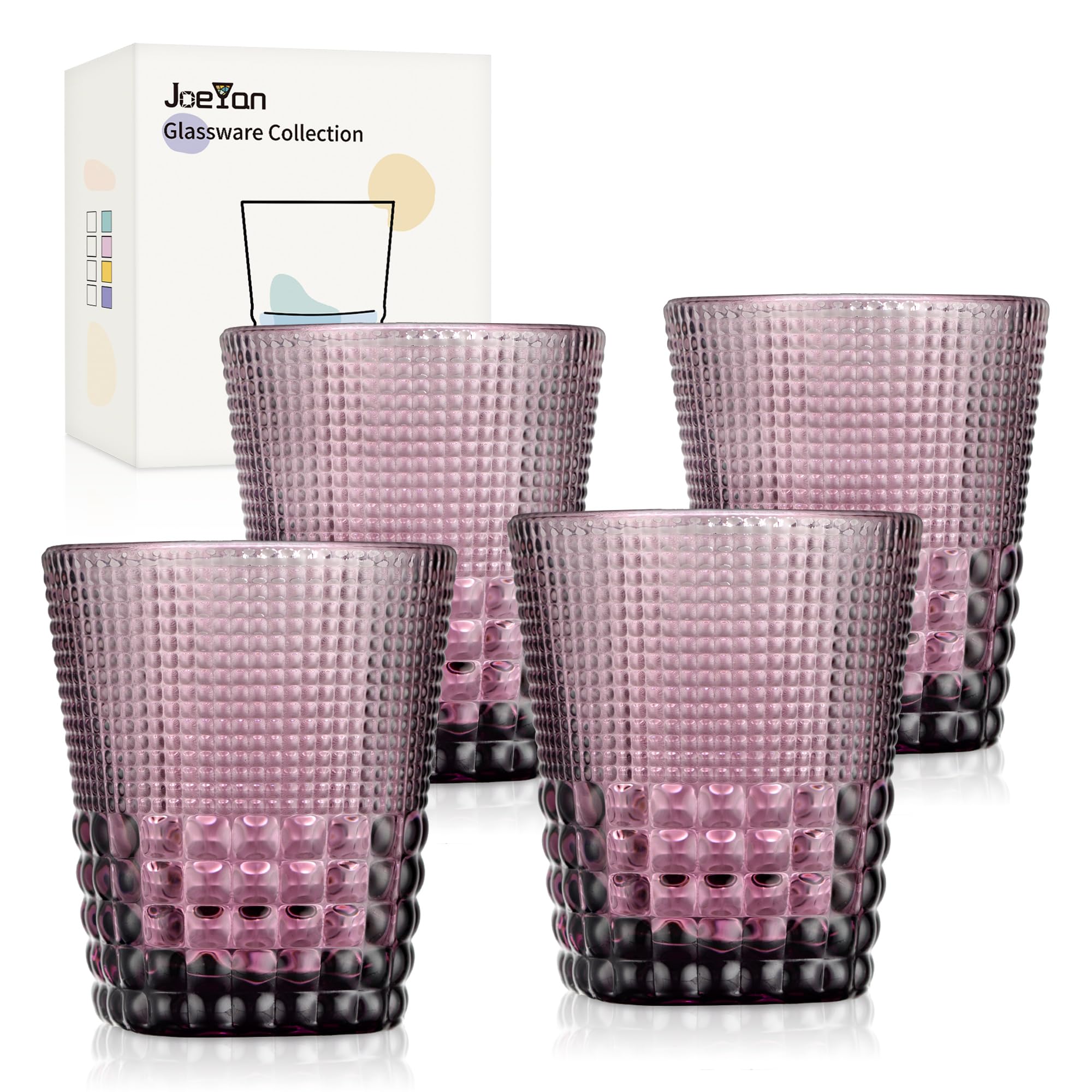 Joeyan Purple Drinking Glasses,Embossed Water Glass Cups with Diamond Design,Colored Vintage Drinking Tumblers,Glassware for Juice Beverages Cocktails,10 oz,Set of 4,Dishwasher Safe