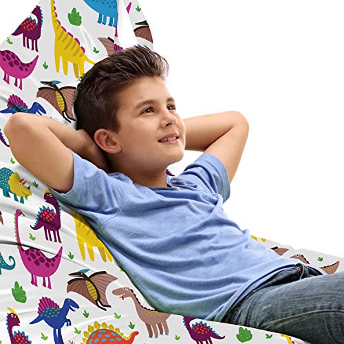 Ambesonne Cartoon Lounger Chair Bag, Funny Dinosaurs and Dragons Colorful Jurassic Reptiles Pattern, High Capacity Storage with Handle Container, Lounger Size, White and Multicolor