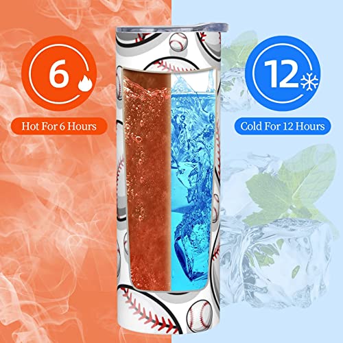 Stainless Steel Skinny Tumbler Baseball Pattern Travel Cup 20 Oz Double Wall Slim Insulated Coffee Mug With Splash Proof Lid & Straw & Cleaning Brush For Home Office