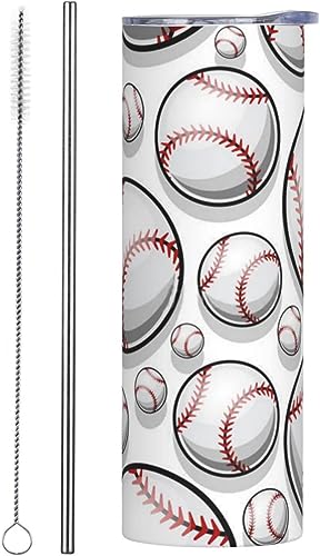 Stainless Steel Skinny Tumbler Baseball Pattern Travel Cup 20 Oz Double Wall Slim Insulated Coffee Mug With Splash Proof Lid & Straw & Cleaning Brush For Home Office