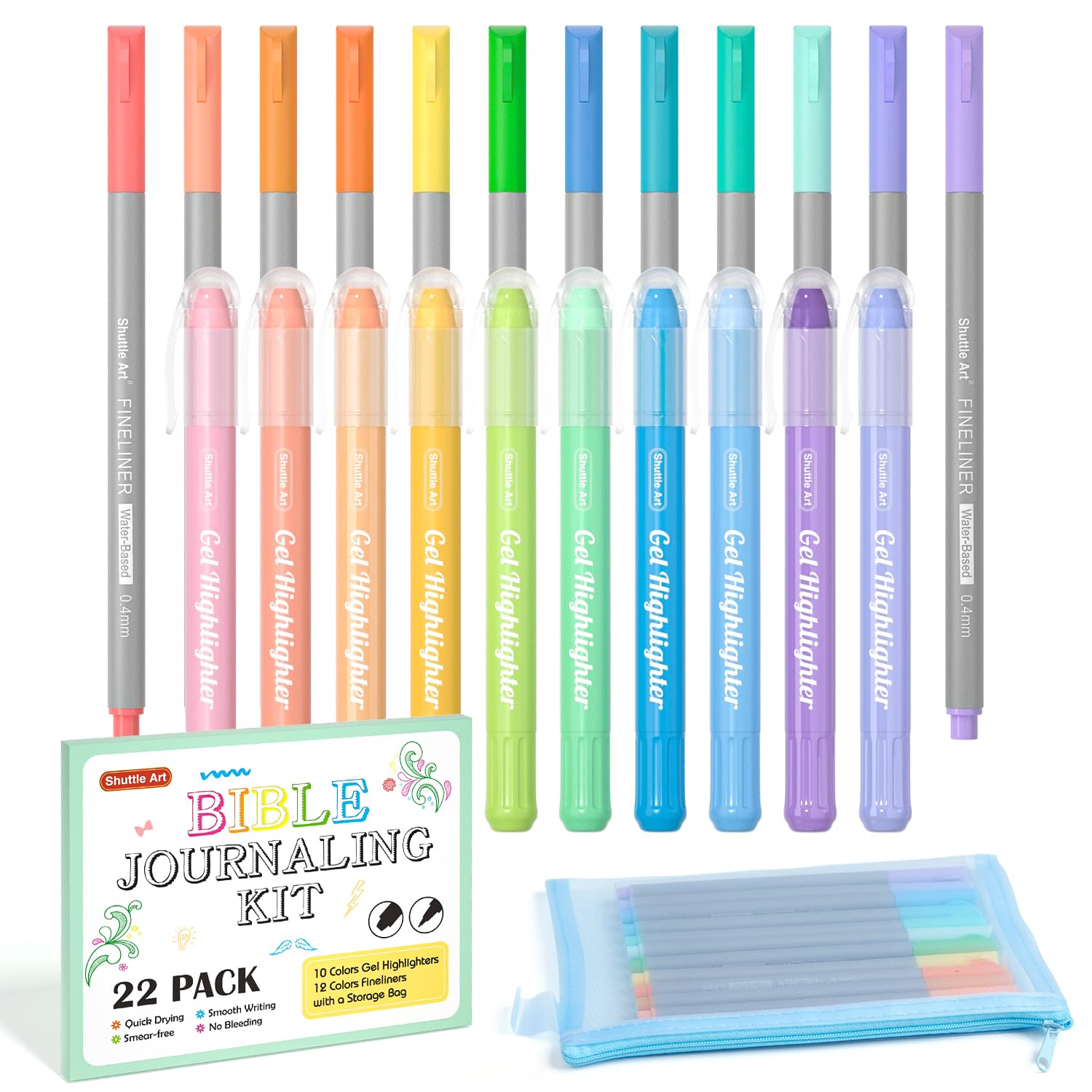 Shuttle Art Bible Highlighters and Pens No Bleed, 22 Pack Bible Journaling Kit, 10 Colors Gel Highlighters and 12 Colors Fineliner Pens with a storage bag, Bible Markers No Bleed Through