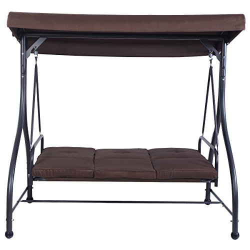 Tangkula Converting Outdoor Swing Patio Porch Garden Swing with Comfortable Cushion Seats, Adjustable Canopy & Coated Steel Frame Hammock 3 Seats Patio Deck Furniture (Brown)