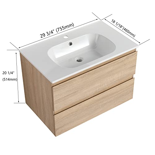 Henf 30" inch Wall Mounted Bathroom Vanity with Sink, Modern Floating Bathroom Vanity with White Integrated Gel Sink & Two Drawers, Plywood Hanging Bath Cabinet w/Resin Wash Basin (Light Oak)