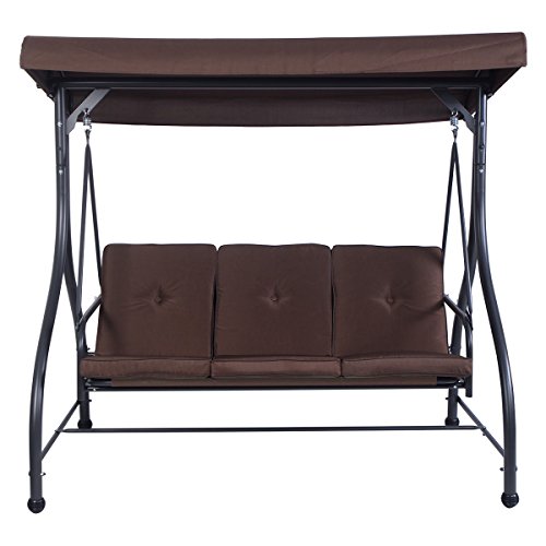 Tangkula Converting Outdoor Swing Patio Porch Garden Swing with Comfortable Cushion Seats, Adjustable Canopy & Coated Steel Frame Hammock 3 Seats Patio Deck Furniture (Brown)