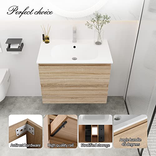 Henf 30" inch Wall Mounted Bathroom Vanity with Sink, Modern Floating Bathroom Vanity with White Integrated Gel Sink & Two Drawers, Plywood Hanging Bath Cabinet w/Resin Wash Basin (Light Oak)