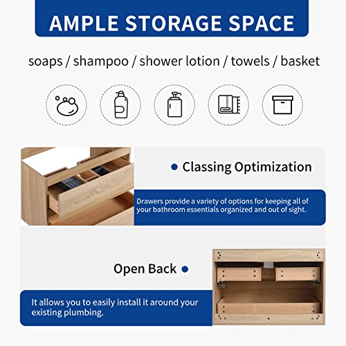 Henf 30" inch Wall Mounted Bathroom Vanity with Sink, Modern Floating Bathroom Vanity with White Integrated Gel Sink & Two Drawers, Plywood Hanging Bath Cabinet w/Resin Wash Basin (Light Oak)