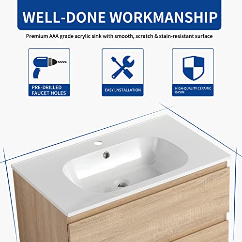 Henf 30" inch Wall Mounted Bathroom Vanity with Sink, Modern Floating Bathroom Vanity with White Integrated Gel Sink & Two Drawers, Plywood Hanging Bath Cabinet w/Resin Wash Basin (Light Oak)